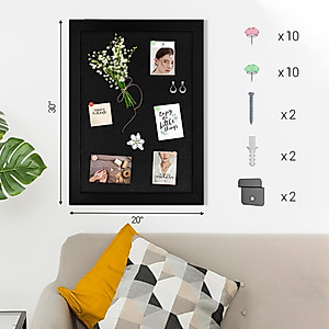 Board2by Black Cork Board Bulletin Board with Linen, Wood Framed 30" x 20" Corkboard, Office Board for Wall Decor, Wall Mounted Pin Board Picture Board with 20 Pushpins for School, Home & Office