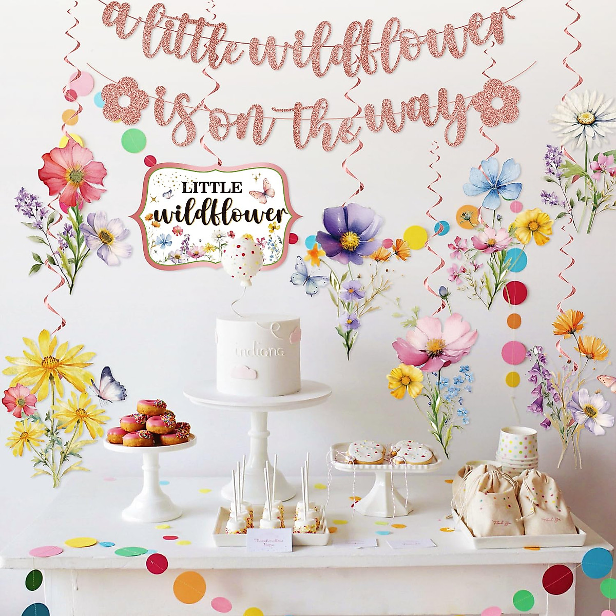 Cocomigo Wildflower Baby Shower Decorations Banner Hanging Swirls, 17pcs Floral Baby Shower Decorations for A Little Wildflower is on Her Way Baby Shower, Flower Baby Shower Decorations Rose Gold
