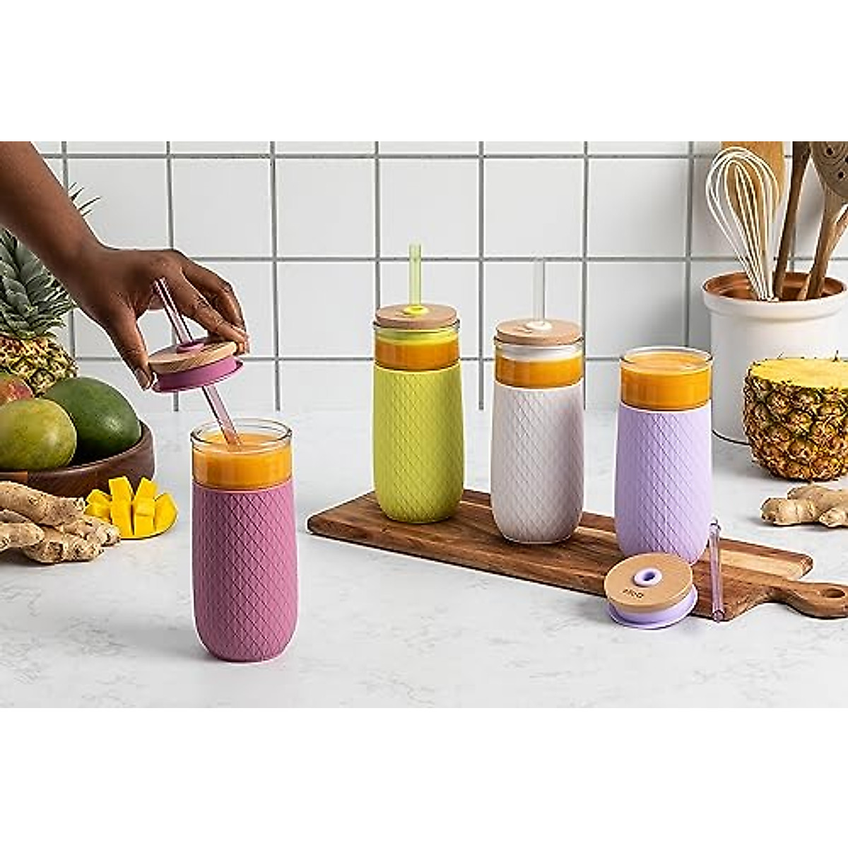 Ello Devon 18oz Glass Tumbler with Straw, Friction Fit Bamboo Wood Lid and Silicone Sleeve | Perfect for Iced Coffee, Tea, and Smoothies | Mauve