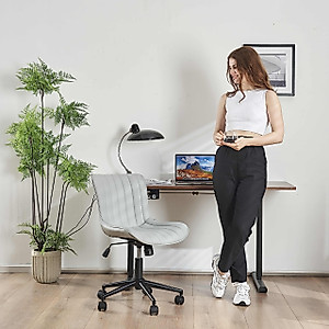 YOUNIKE Grey Ergonomic Home Office Desk Chair with Wheels Comfy Armless Criss Cross Chair with Adjustable Back Modern Leather Upholstered Swivel Vanity Chair Small Cute Rolling Task Chair for Women