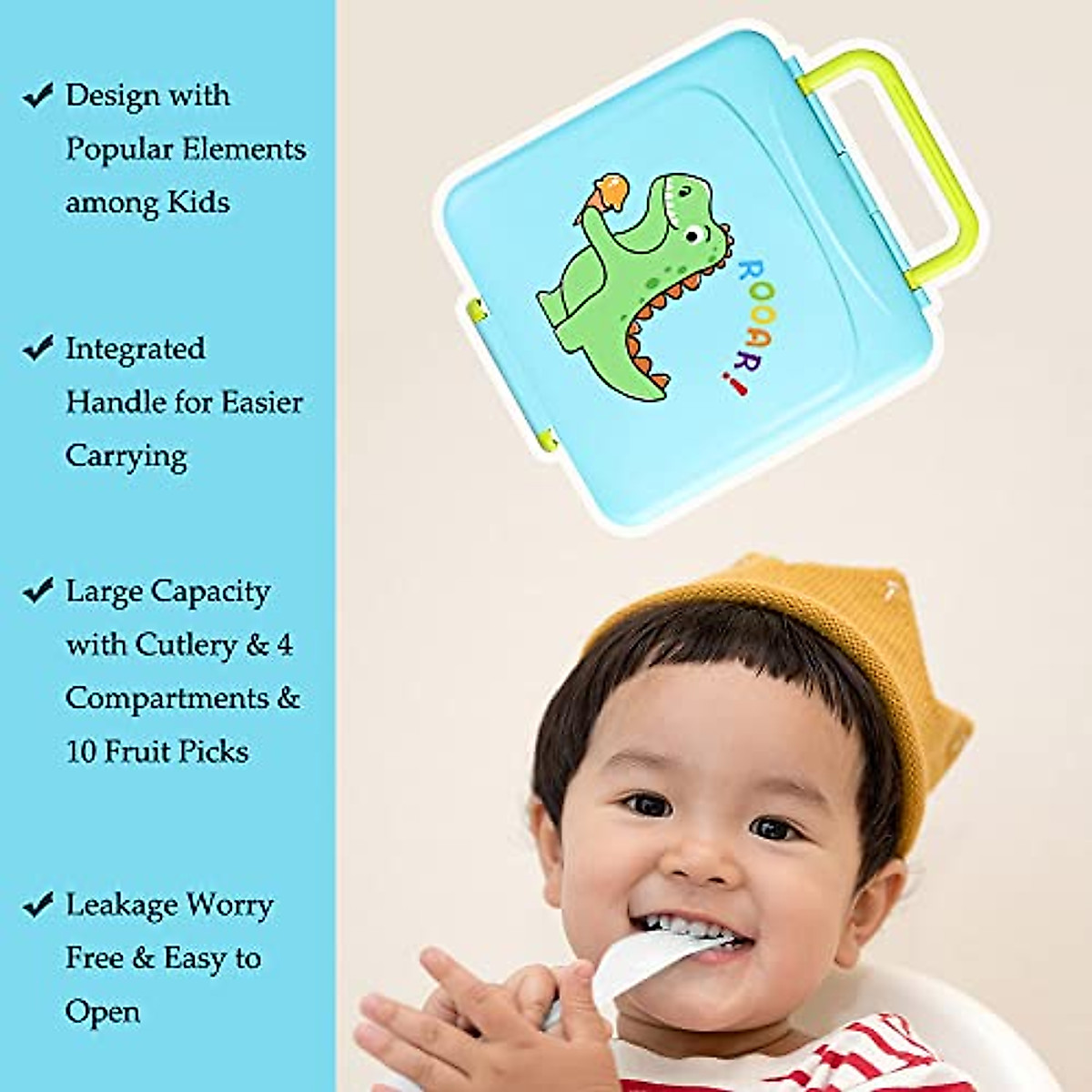 Bento Lunch Box Kids Children, Lunchbox with 4 compartments, Spoon, Fork and Fruit Picks, Blue Food Containers for Boys, Daycare/Travel/School, Leak-Proof, BPA-Free, Microwave/Dishwasher/Freezer Safe