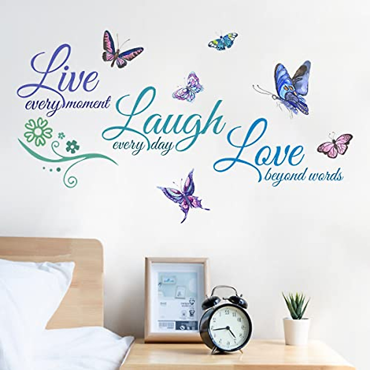 Live Laugh Love Inspirational Quotes Wall Decals Butterfly Motivational Lettering Positive Sayings DIY Sticker Vinyl Art Mural for Bedroom Living Room Nursery Decor(Blue)