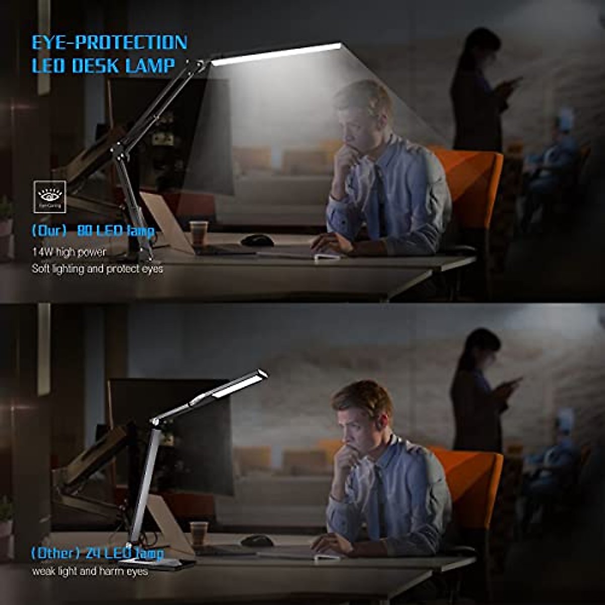 TROPICALTREE LED Desk Lamp, Swing arm Desk Light with clamp, 3 Lighting 10 Brightness Eye-Caring Modes, Reading Desk Lamps for Home Office 360 Degree Spin with USB Adapter & Memory Function black-14W