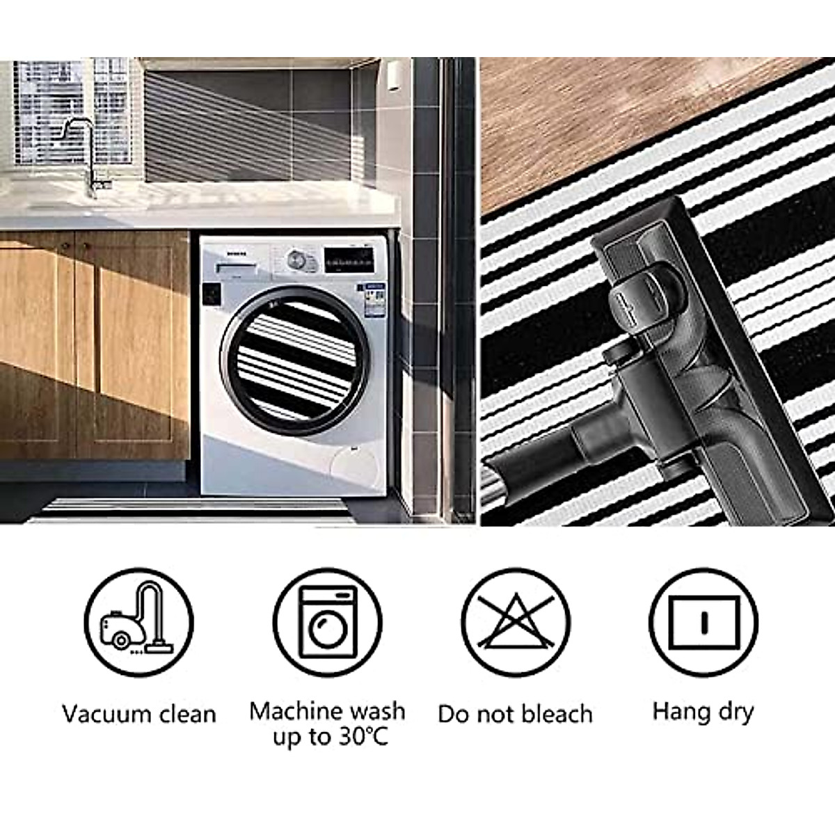 Front Porch Rug 24'' x 51'' Black and White Outdoor Rug Washable Front Door Mat Striped Entryway Rugs Cotton Hand-Woven Reversible Welcome Layered Doormat Carpet for Kitchen/Bathroom/Living Room