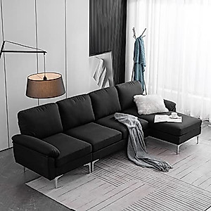 Karl home Convertible Sectional Sofa 110" L-Shape Sofa Couch 4-Seat Couch with Chaise Fabric Upholstered for Living Room, Apartment, Office, Black