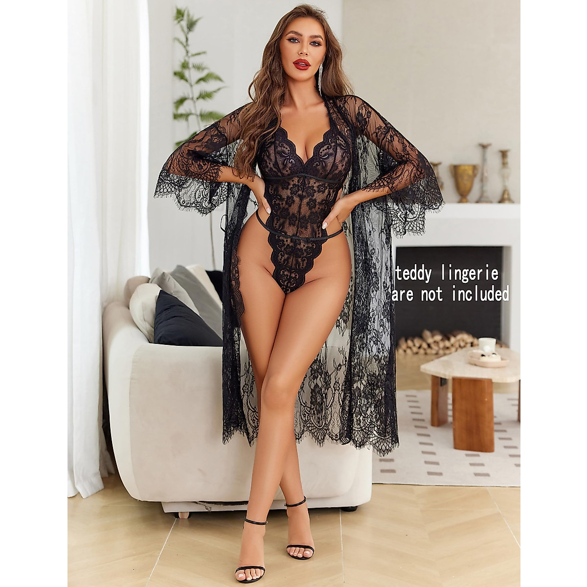 Avidlove Lingerie for Women Long Lace Kimono Robe Eyelash Babydoll with Satin Belt