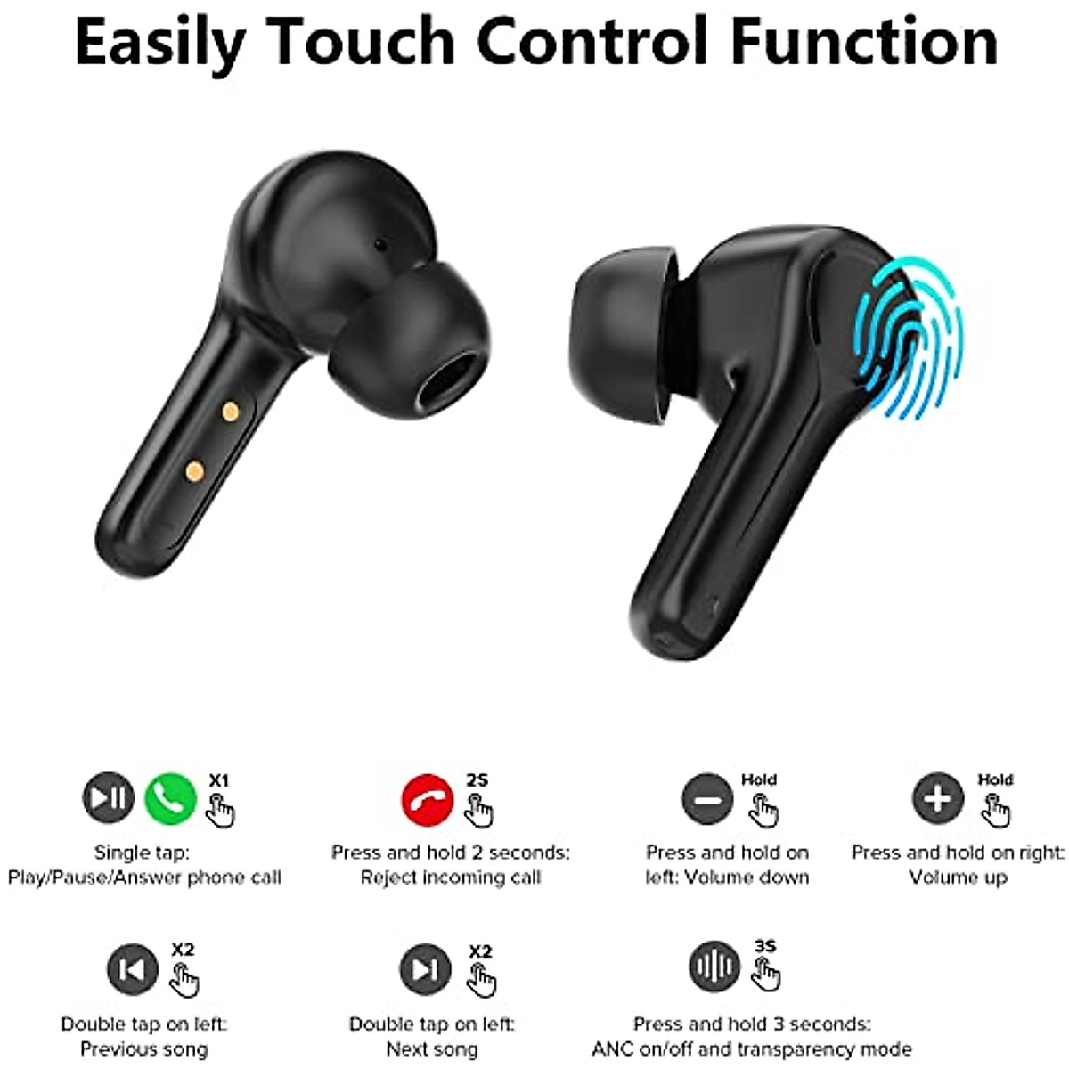 BRIBEJAT B02 Pro Wireless Earbuds with Active Noise Cancellation Touch Control, Wireless Charging Case, Bluetooth 5.2 in-Ear Headset Built-in Mic with Stereo Premium Deep Bass Immersive Sound, Black