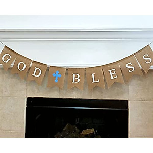 Shimmer Anna Shine Burlap God Bless Banner for Baby Girl Boy Baptism Decorations Christening First Communion Confirmation Baby Shower Wedding Birthday Party Photo Props (Blue)