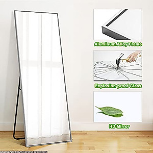 MAYEERTY Full Length Mirror 64"x21" Floor Mirror with Stand Large Mirror for Bedroom Standing Mirror Aluminum Alloy Thin Frame Wall Mirror Standing/Hanging Mirror, Silver (JJ00372ZZV-USAM027)