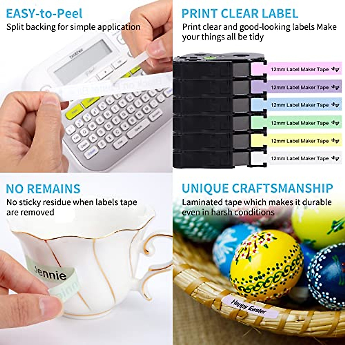 Ptouch Tape 12mm 0.47 Inch Laminated Clear/Purple/Blue/Pink/Lemon Yellow/Mint Green Replacement for Brother TZe Tape Compatible with Brother P Touch PT-H110 D210 D400 1280 1800 Label Maker Tape,6 Pack