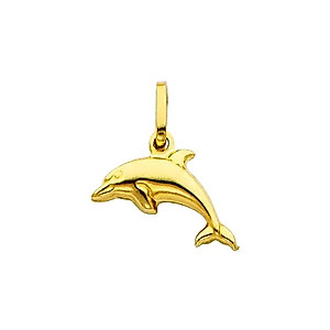 The World Jewelry Center 14k REAL Yellow Gold Dolphin Pendant with 0.9mm Cable Chain Necklace - 16"