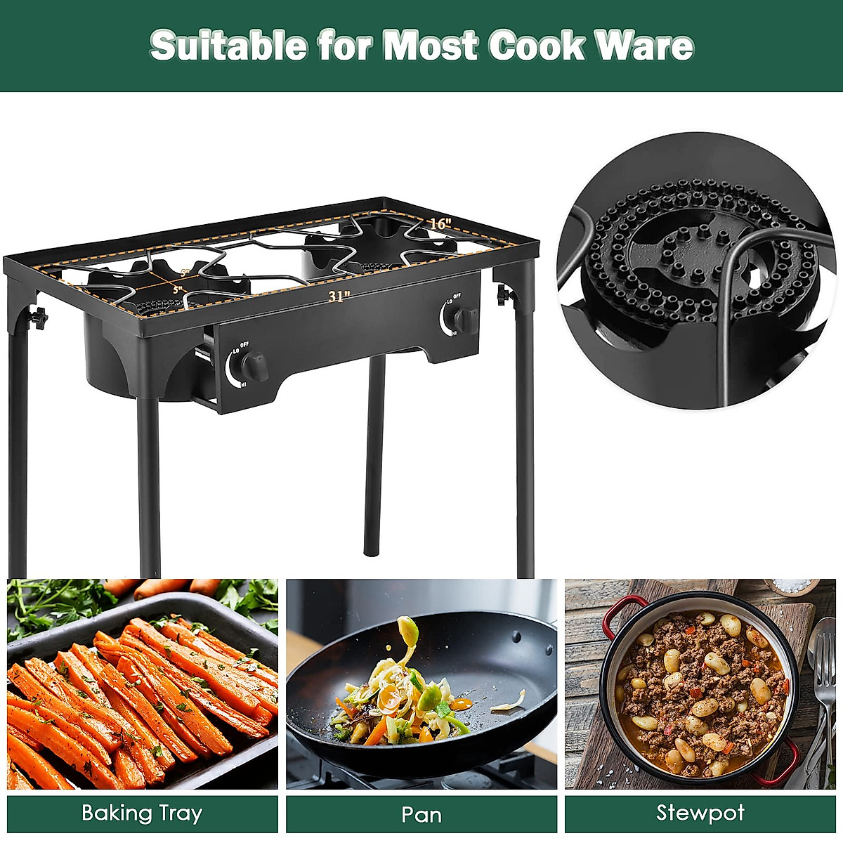 Goplus Outdoor Camping Stove, Dual Burner Propane Gas Cooker w/Detachable Legs & 0-20 PSI Regulator & CSA Approval for Camp Paito RV, Cast Iron, 150,000-BTU