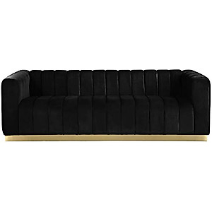 Meridian Furniture 603Black-S Marlon Collection Modern | Contemporary Velvet Upholstered Sofa with Deep Channel Tufting, Stainless Steel Base in a Brushed Gold Finish, Black, 86.5" W x 34" D x 28" H