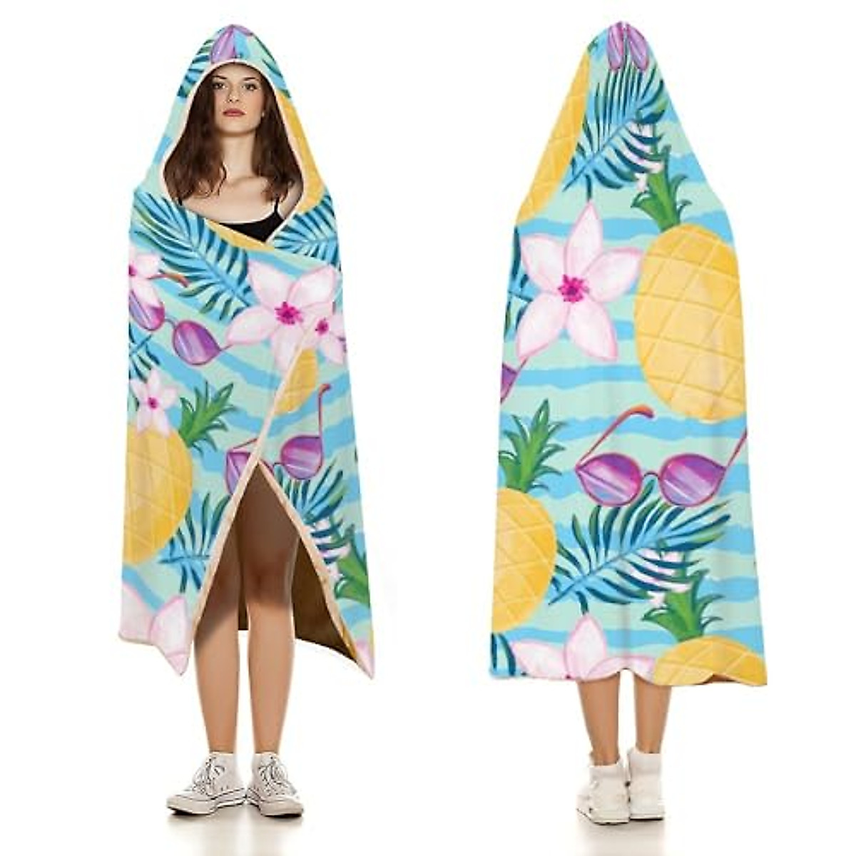 TaoYTao 60"x80" Women Summer Pineapple Fruit Pattern Blanket Hoodie, Foldable Wearable Funny Hooded Blanket Robe Cloak, Christmas Birthday Gifts Anniversary For Wife Girlfriend Women