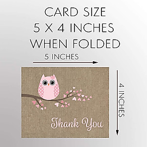 Owl Thank You Cards Baby Shower Babies are a Hoot Owls Pink Burlap Hearts It's a Girl Girls Country Feather Their Nest Burlap Printed Folding Thank You Notes (24 Count)