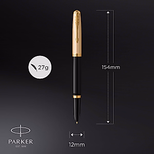 PARKER 51 Deluxe Fountain Pen | Black Barrel and Gold Attributes | Medium Nib in 18 Carat Gold | Black Ink Cartridge | Delivered in Gift Box