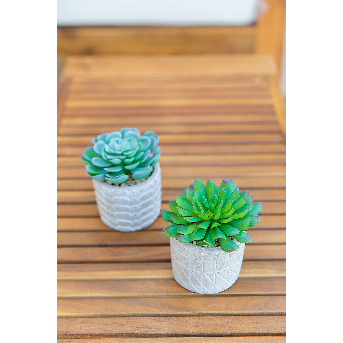 Flora Bunda Mid Century Artificial Plants Cactus Set of 2 Fake Succulent in 3" Cement Diamond line Pot Grey Planter, Potted Plants, for Home Office Decorations