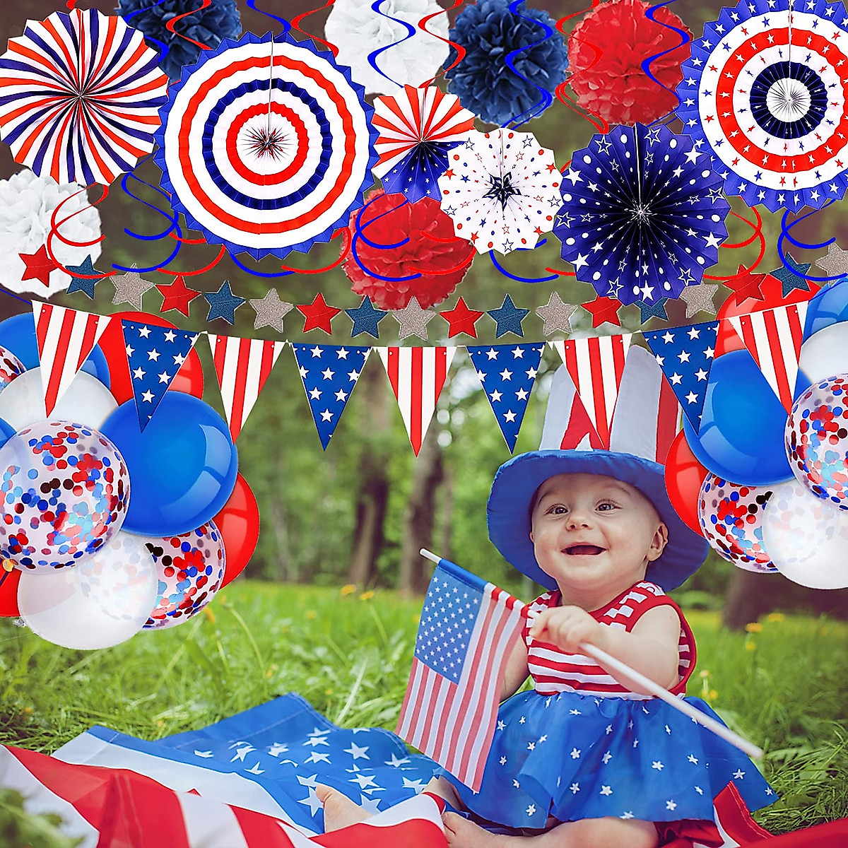 DawnHope 50PCS Patriotic Decorations, 4th of July Independence Day Red White Blue Hanging Paper Fans, Hanging Swirls, Flag Pennant, Foil Fringe, Balloons, Pom Poms Memorial Day Party Supplies Decor