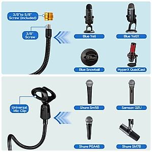 Desktop Mic Stand 13" Flexible Gooseneck Microphone Stand Desk Universal Microphone/Phone Stand Holder with Heavy Duty Desk Clamp, Mic Clip, 3/8" to 5/8" Screw Adapter for Blue Yeti, Shure, Other Mic