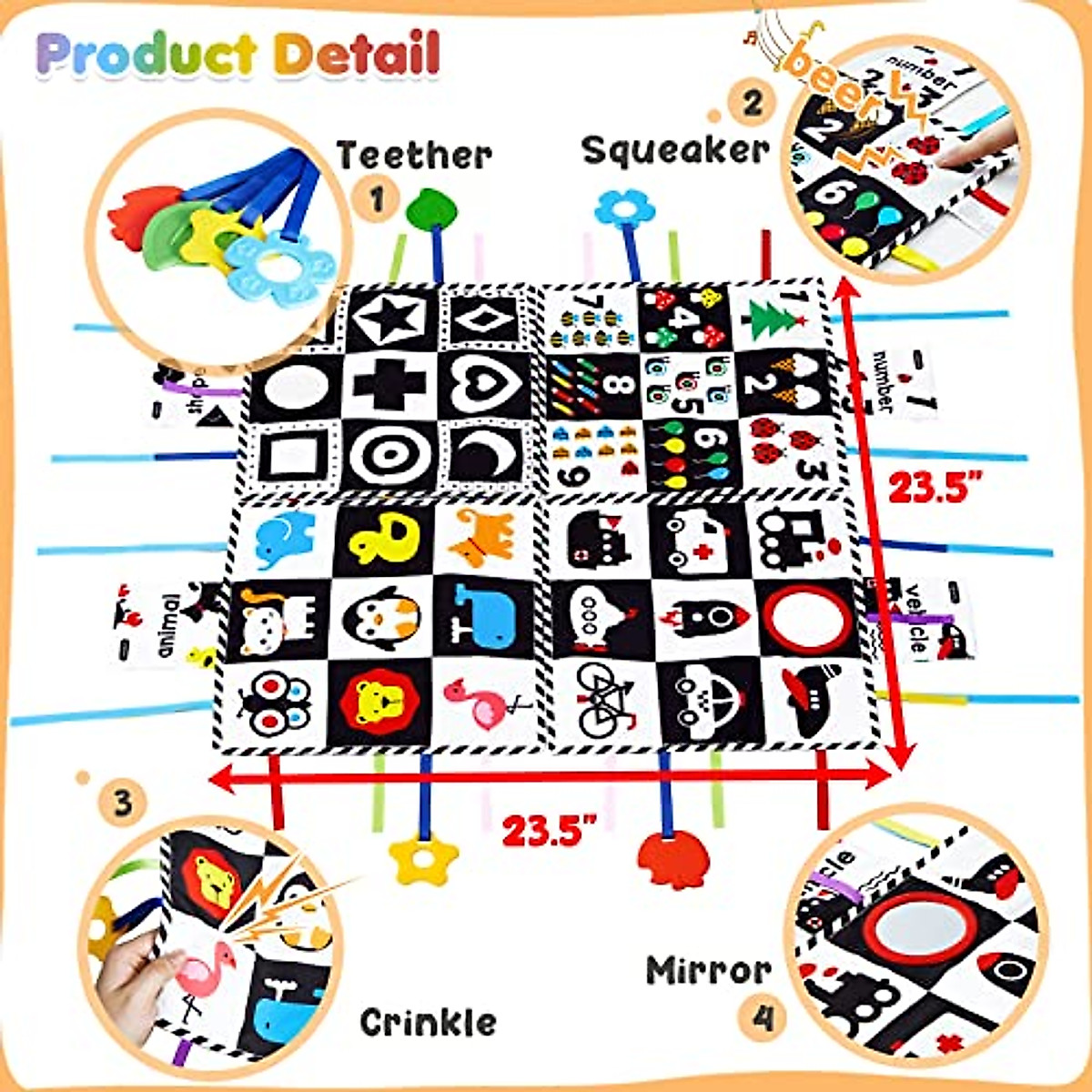 beiens Baby Toys 0-6 Months, Tummy Time Crinkle Toys with Mirror, Black and White High Contrast Sensory Toys for 0-6-12-18 Months Toddler Newborn, Boy Girl Gift Set, Play Mats-4 in 1