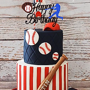 1 PCS BaseBall Happy Birthday Cake Topper Glitter Baseball Player Sports Theme Cake Pick Decorations for Baseball Theme Baby Shower Kids Birthday Party Cake Decorations Supplies