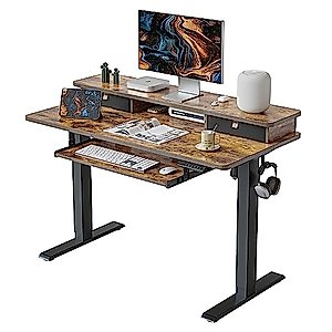 FEZIBO Standing Desk with Drawers, Adjustable Height Desk with Keyboard Tray, Stand Up Desk with Storage Shelf, 48 x 24 Inchs, Rustic Top