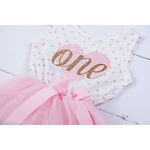 Grace & Lucille - Dress First Birthday | Pink Polka Dot Tutu Dress | Sleeveless Gold Sequin Heart Dress | 12-24 Months | 1T / 2T | Pink Polka Dot