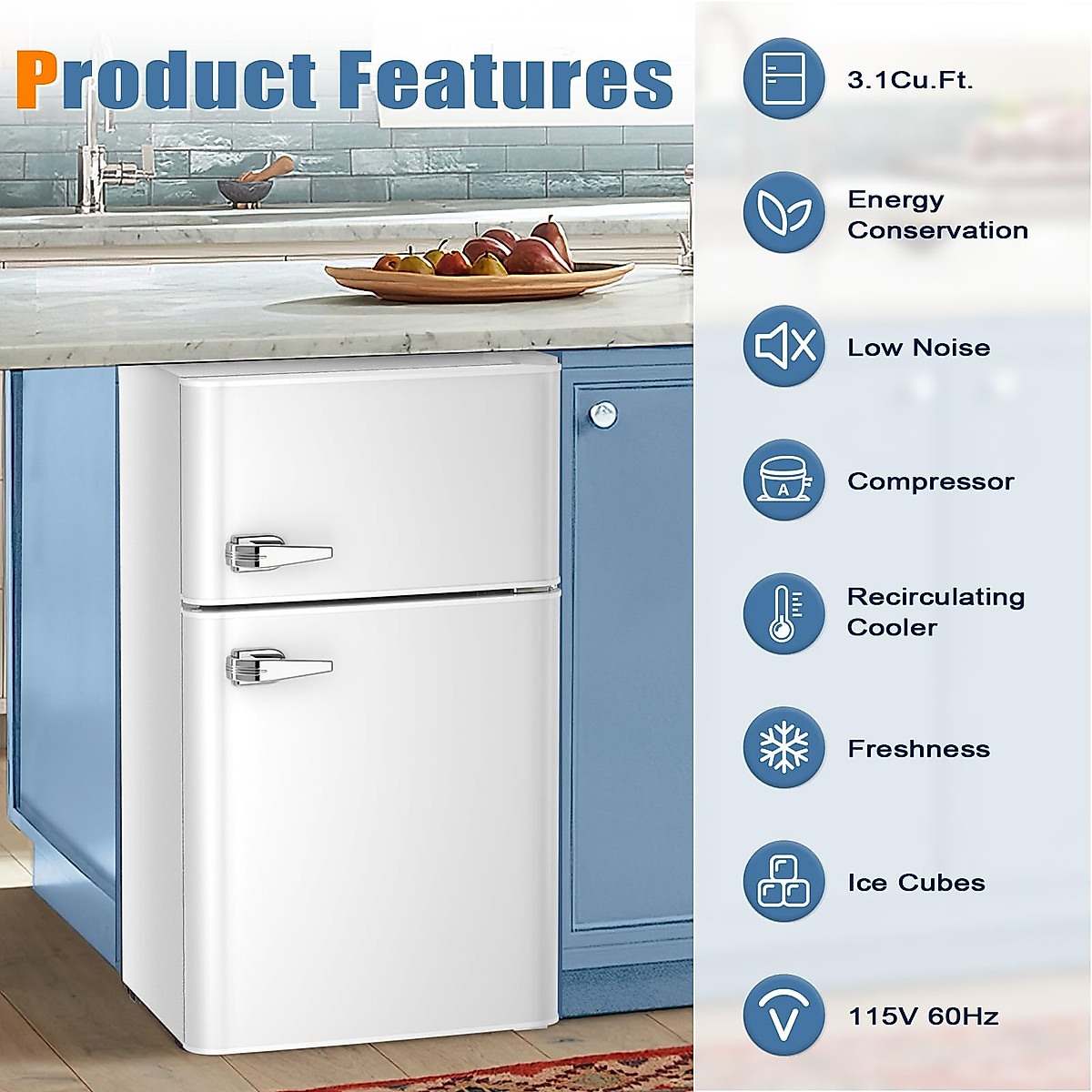 Antarctic Star Mini Fridge 3.1Cu.Ft Compact Refrigerator 2-Doors Freezer Low Noise Defrost Storage of Beverages Vegetables Fruits Kitchen Living Room Office Dormitory White