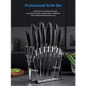 KDIK 16 PCS High Carbon Stainless Steel Kitchen Knife Set, BO Oxidation, No Rust, Sharp Cutlery Black Knife Set with Acrylic Stand and Serrated Steak Knives,AB112