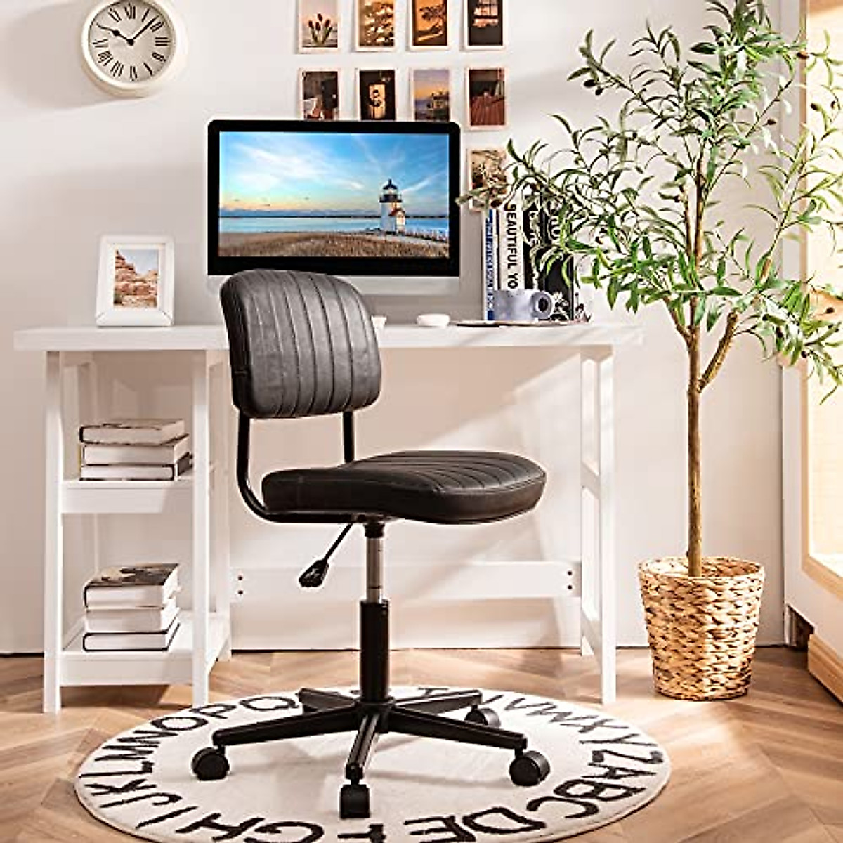 Giantex Leather Office Chair, Armless Low-Back Computer Desk Chair, Retro Swivel Rolling Task Chair Height Adjustable PU Leisure Office Chair for Kids Teens Adults (Black)