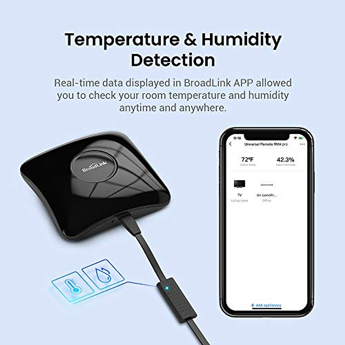 BroadLink RM4 pro Smart Remote and Sensor Cable Set RM4 pro S, Universal IR RF Remote Control Hub with Temperature Humidity Monitor USB Cable, Works with Alexa, Google Home, IFTTT