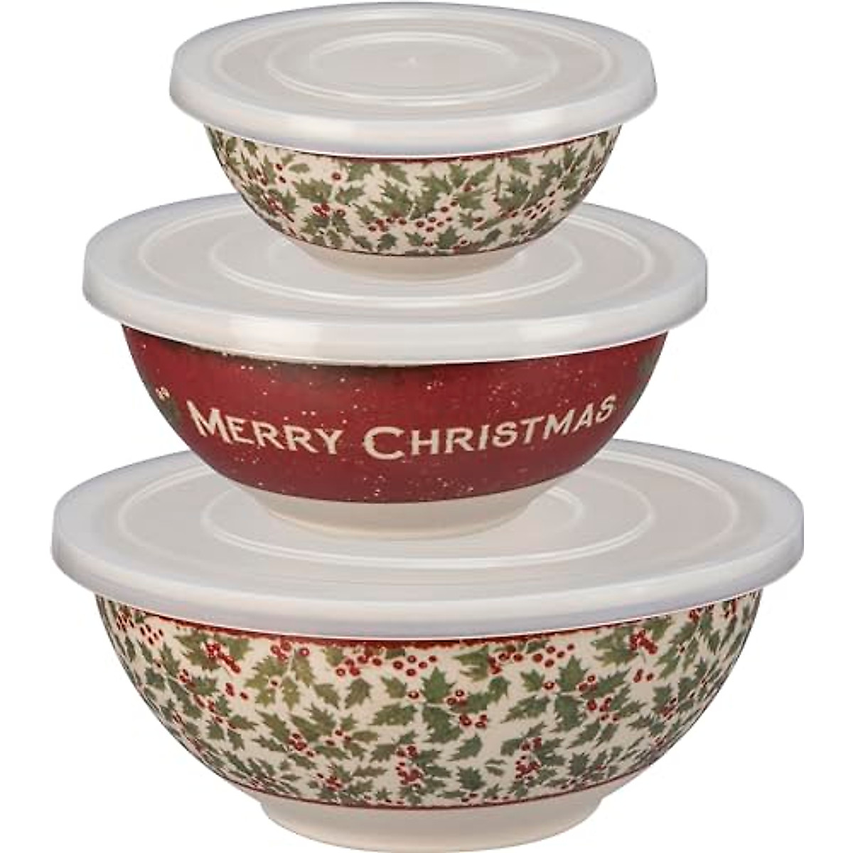 Primitives by Kathy Lidded Bowls - Set of 3 Nesting bamboo bowls with vintage-inspired Christmas designs. Each bowl has it's own lid.