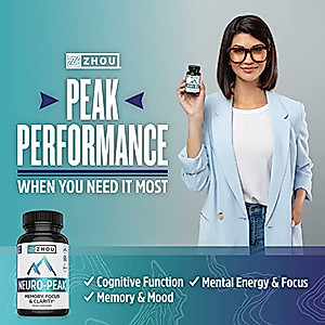 Zhou Neuro Peak Brain Support Supplement | Memory, Focus & Clarity Formula | DMAE, Rhodiola Rosea, Bacopa Monnieri, Ginkgo Biloba & More | 30 VegCaps