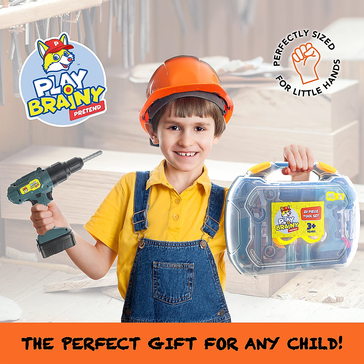 Play Brainy Pretend Kids Tool Kit with Toolbox, Heavy-Duty Plastic Electric Drill, Wrenches, Hammer, Screws, and Faux Wood Toys, Educational Early Learning Building and Construction (23 Pcs)