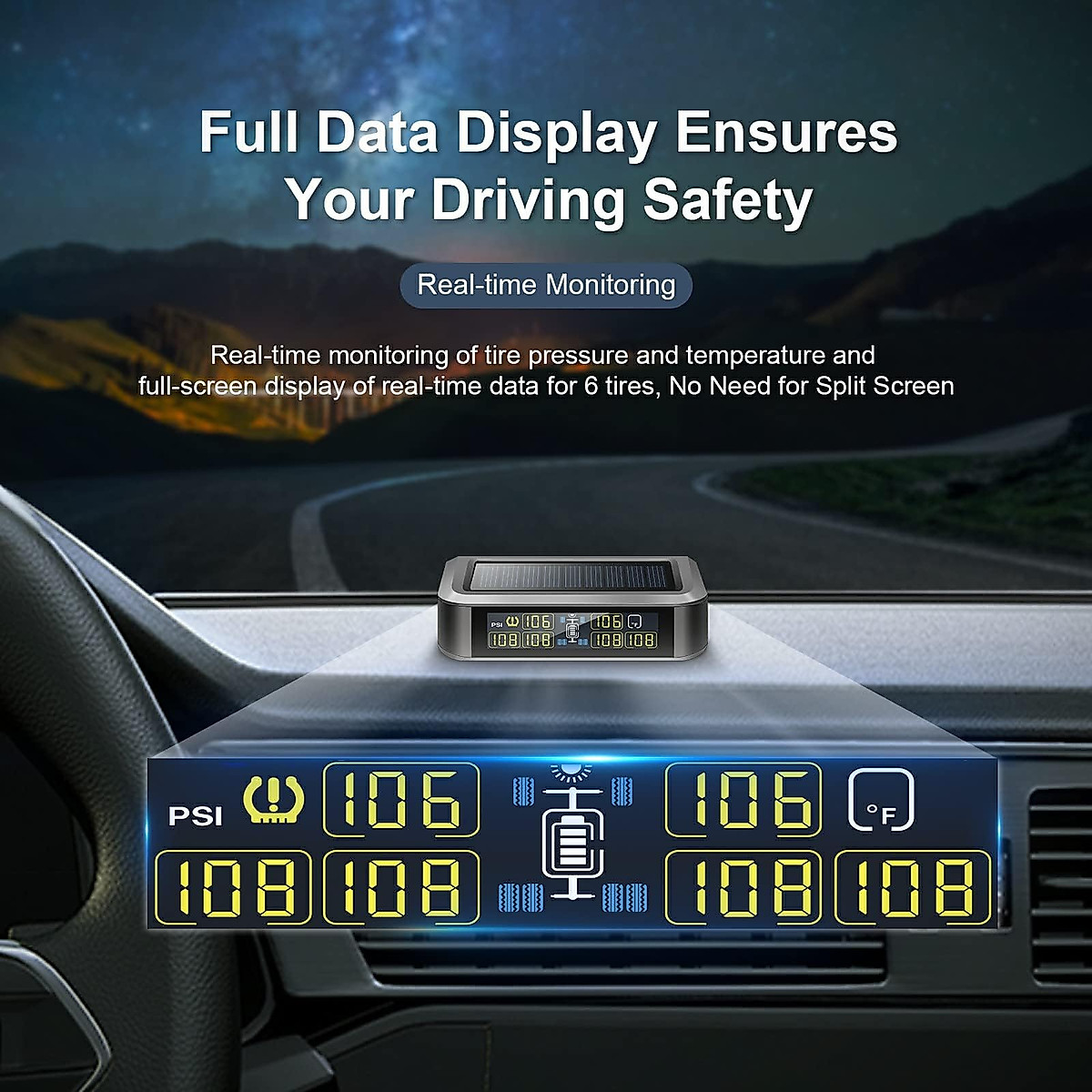 Easrsupe Tire Pressure Monitoring System, Equipped with Solar Charging Tpms System, 6 Sensors (0-199 PSI), 7 Alarm Modes, 1 Relay (98 Ft), Suitable SUV, RV, Trailer Tire Pressure Monitoring System