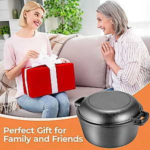 LIFERUN Dutch Oven Pot with Lid, 5.1 Quart Pot without Lid + 1.9 Quart Lid - Cast Iron Dutch Oven with Lid - Lid Doubles as Cast Iron Skillet - Silicone Handle Holders, Iron Stand - Use in the Oven, Stove, BBQ, Grill, Campfire