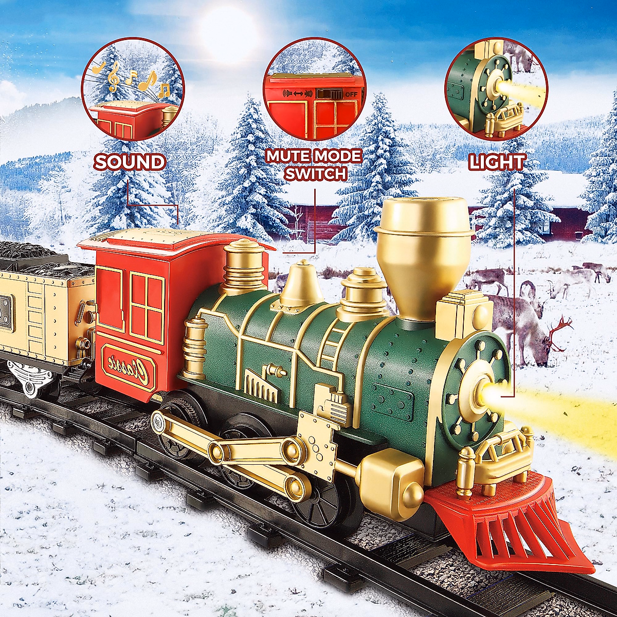 Train Set - Christmas Train Toys, Battery-Powered Locomotive Engine with Sound and Lights, Cargo Cars & 10 Tracks, Toy Train Sets for Boys Age 3 4 5 6