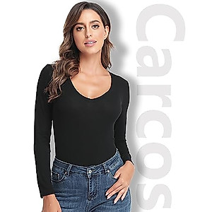 CARCOS Women's Casual Tops Sexy V Neck Long Sleeve Pullover Underwear Tee Slim Fit Basic Shirts Black L