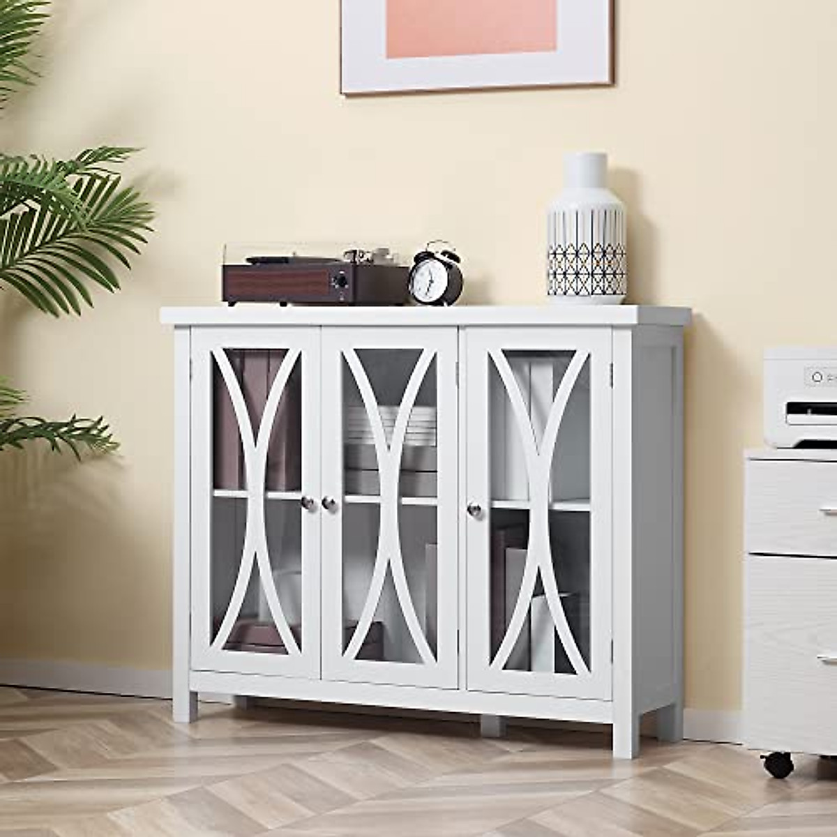 HOMCOM Modern Kitchen Sideboard, Buffet Cabinet with 2 Storage Cupboard, Glass Doors for Living Room, Bedroom, White