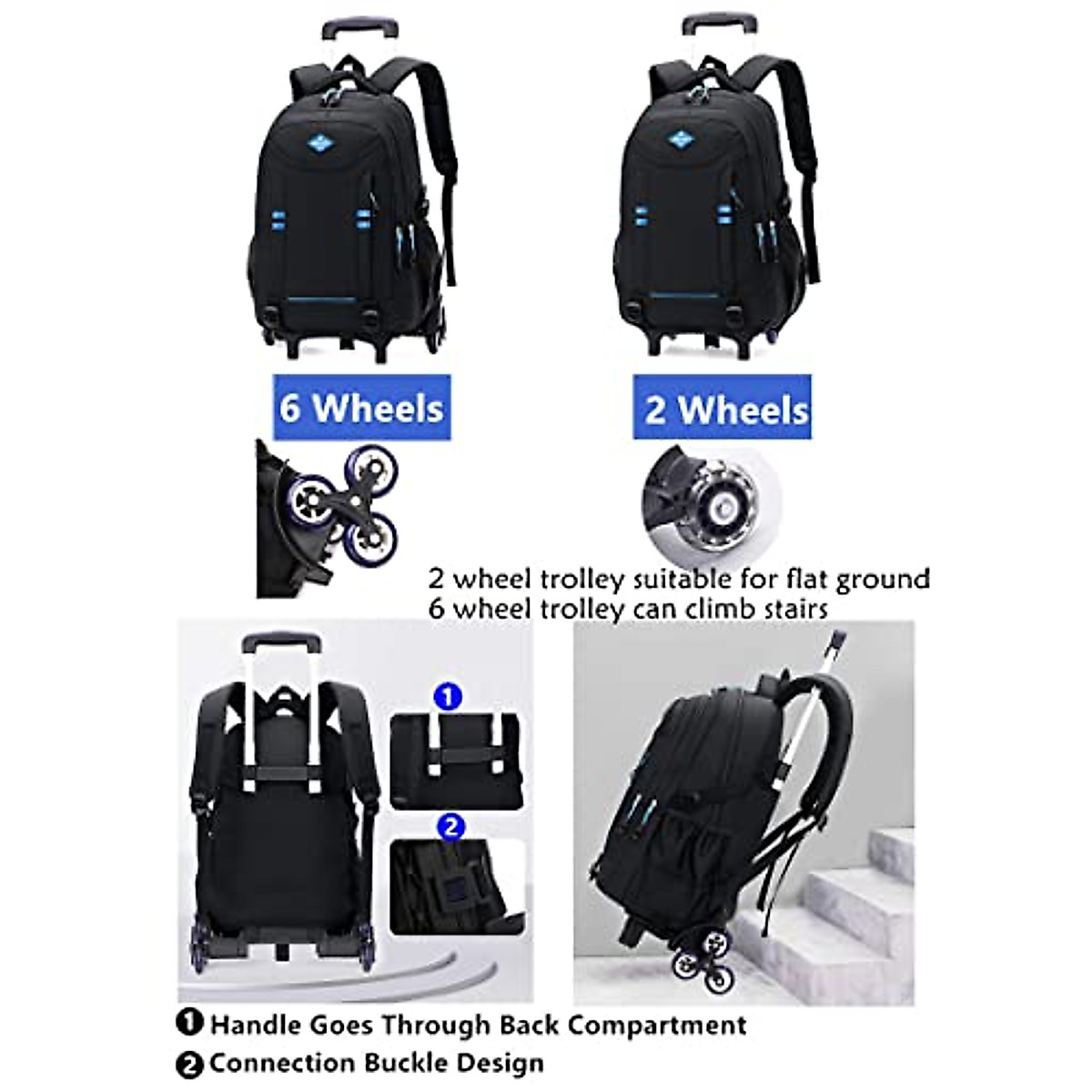 Rolling Backpack for Boys Trolley Bags for Primary Middle School Roller Bookbag with Wheels Travel Back Pack for Teen Girls