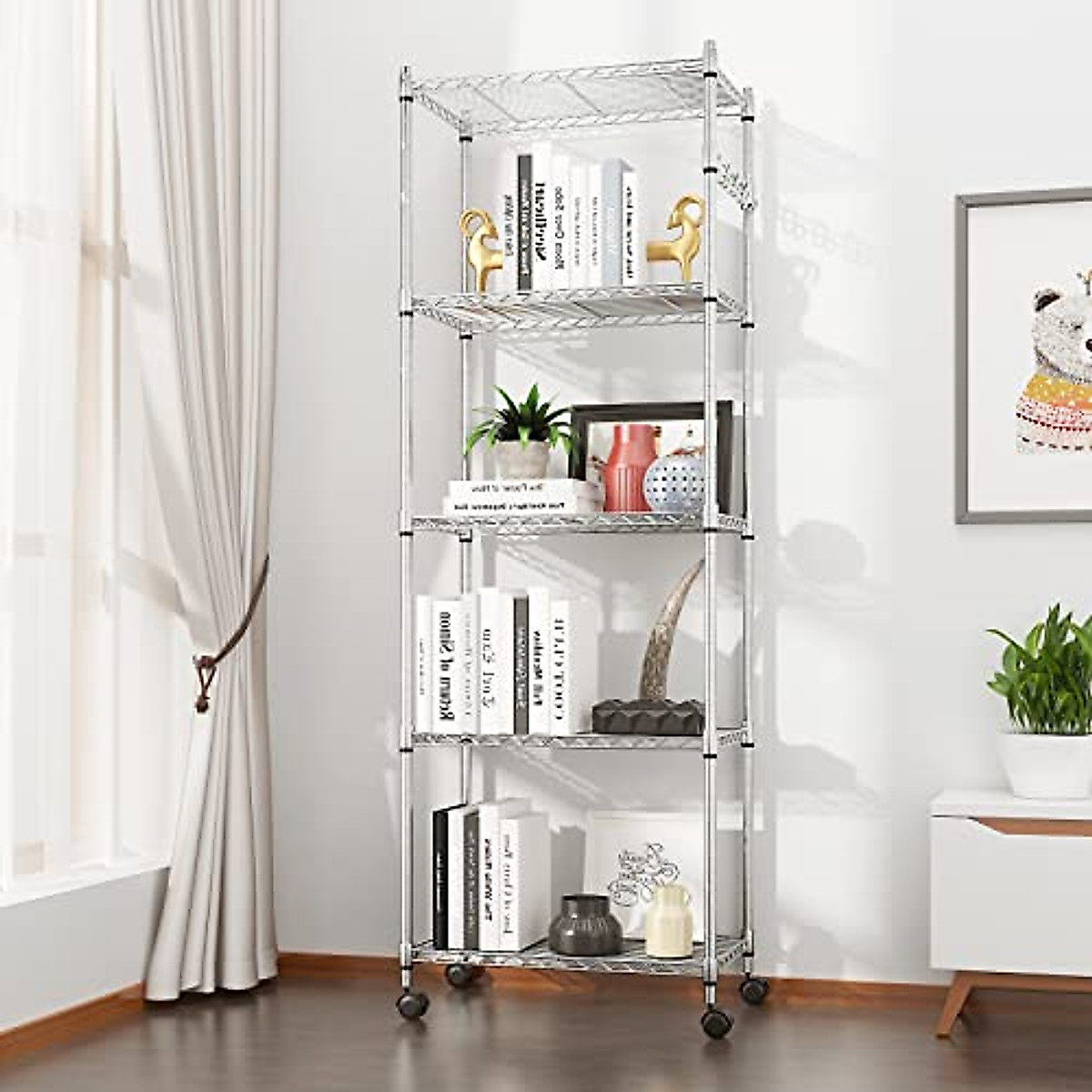 Devo 5-Tier Shelf Shelves for Storage, Wire Shelving Storage Racks, Heavy Duty Shelving, Adjustable Metal Shelf for Garage, Pantry, Kitchen, Side Hooks, Silver(14" D x 24" W x 71" H)