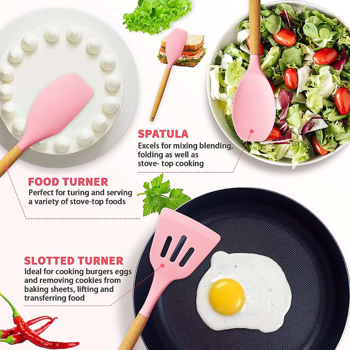 Caliamary Silicone Kitchen Utensil Set, 11 Pieces Cooking Utensil with Wooden Handles, Utensil Holder for Nonstick Cookware, Spoon, Soup Ladle, Slotted Turner, Whisk, Tongs, Brush, Pasta Server (Pink)