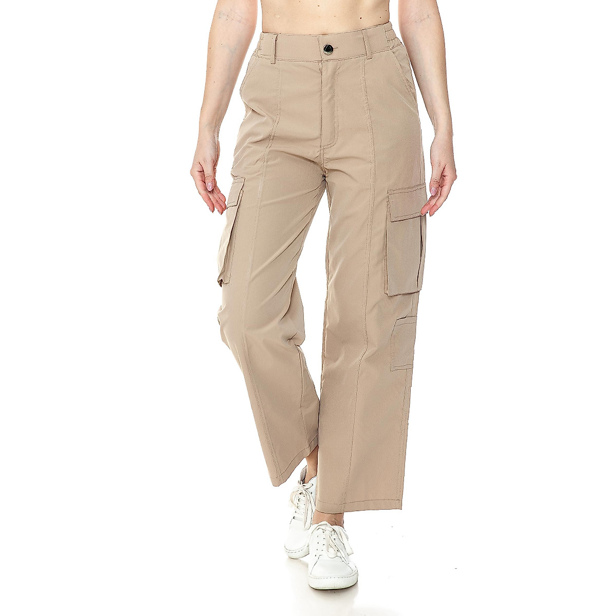 Leggings Depot High Waisted Women’s Straight Wide Leg Trousers w/Pockets, Baggy Cargo Pants, Khaki-Large