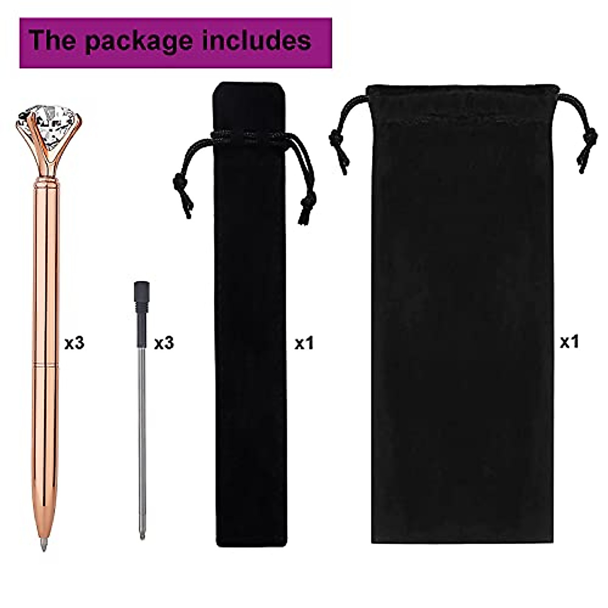 MSTOKIN Bling Crystal Diamond Pen metal ballpoint pens for Office School with Reffills students gift, pack of 3 4 5 8 12 (3 rose gold)