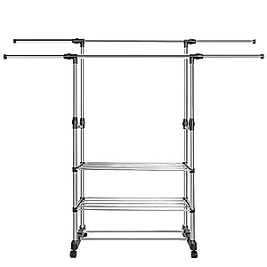 KOCASO Garment Rack with Wheels Double Rod Clothes Rack Clothing Rack with Shelves Rolling Clothes Rack
