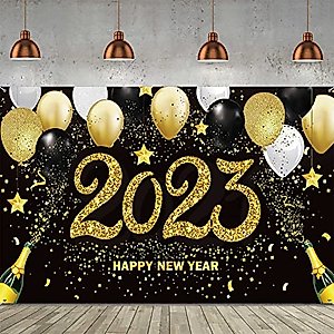 2023 Happy New Year Photograph Backdrop Decoration Black and Gold Happy New Year's Eve Banner Fabric New Year Background Glitter Balloon for New Year Party Celebration (72.8 x 43.3 Inch)