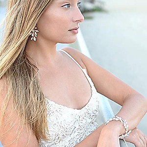 Mariell Bridal and Wedding Rose Gold Handmade Dangle Earrings, Crystal Gems and Petite Freshwater Pearls