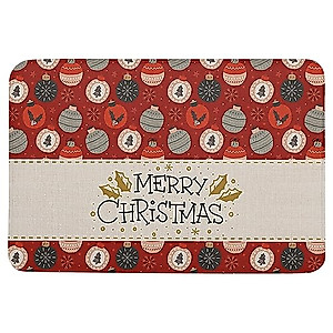 Door Mat Merry Christmas Memory Foam Cushioned Kitchen Rug, 16x24 Inch Water Absorbent Soft Touch Standing Mat for Bathroom, Office, Sink, Laundry, Home Red Grey Xmas Balls Snowflakes Tiled