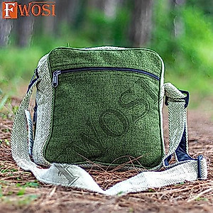 Fwosi Hemp Crossbody Messenger Bag - Unisex School Tote for Men & Women - Lightweight, Bohemian Shoulder Sling Bags - 4 Compartments, Zipper Closure, Adjustable Strap - Handmade in Nepal - Green