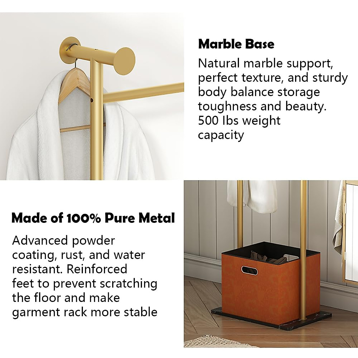 Gold Clothing Rack, Metal Coat Racks Clothes Rack with Natural Marble Base and Hamper, Clothes Racks for Hanging Clothes Skirts, Shirts, Sweaters Jackets